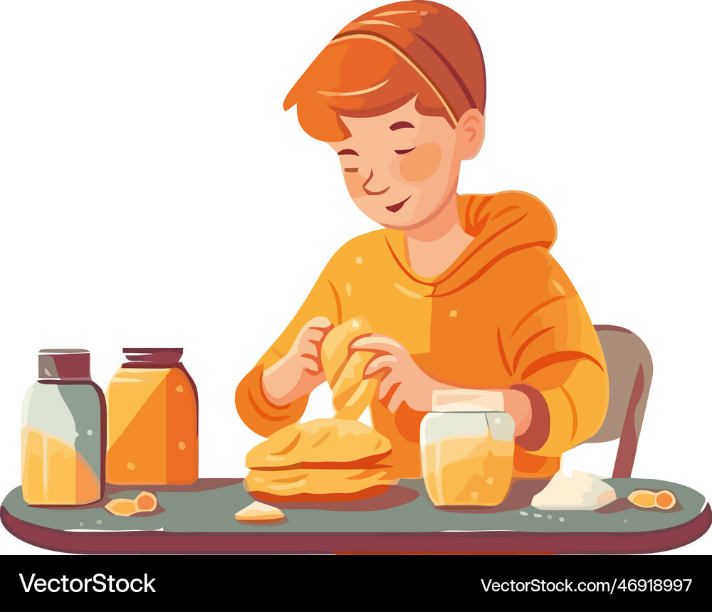 Smiling child eating breakfast scene Royalty Free Vector