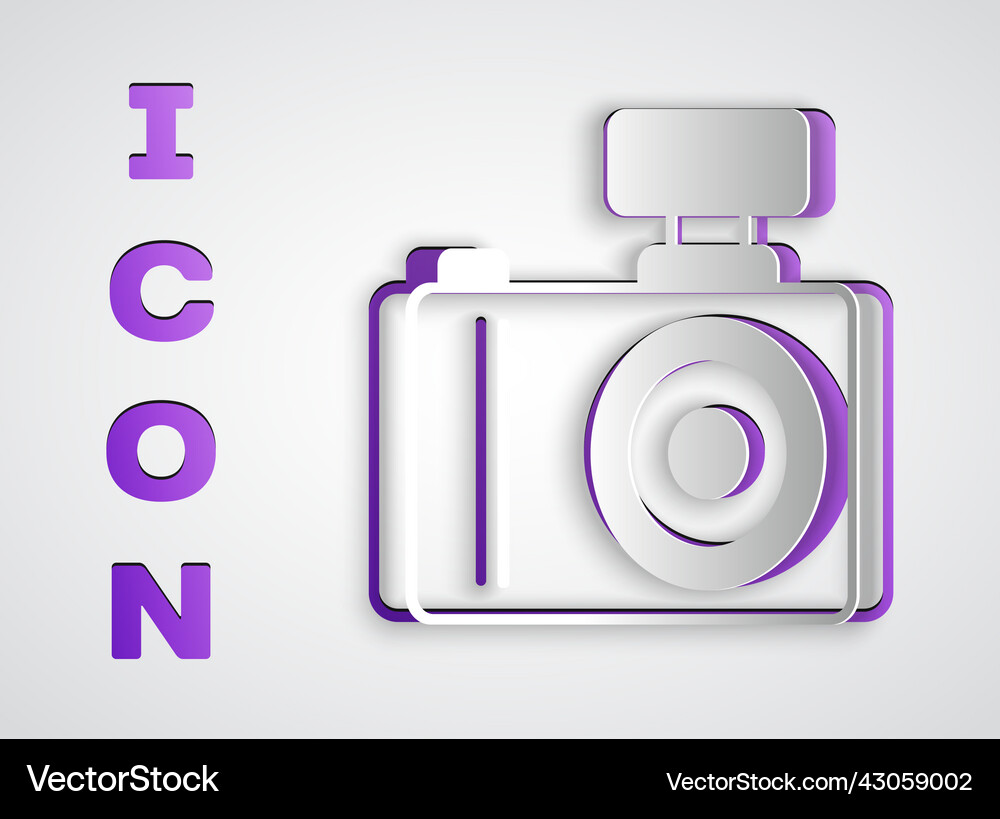 Paper cut photo camera icon isolated on grey Vector Image