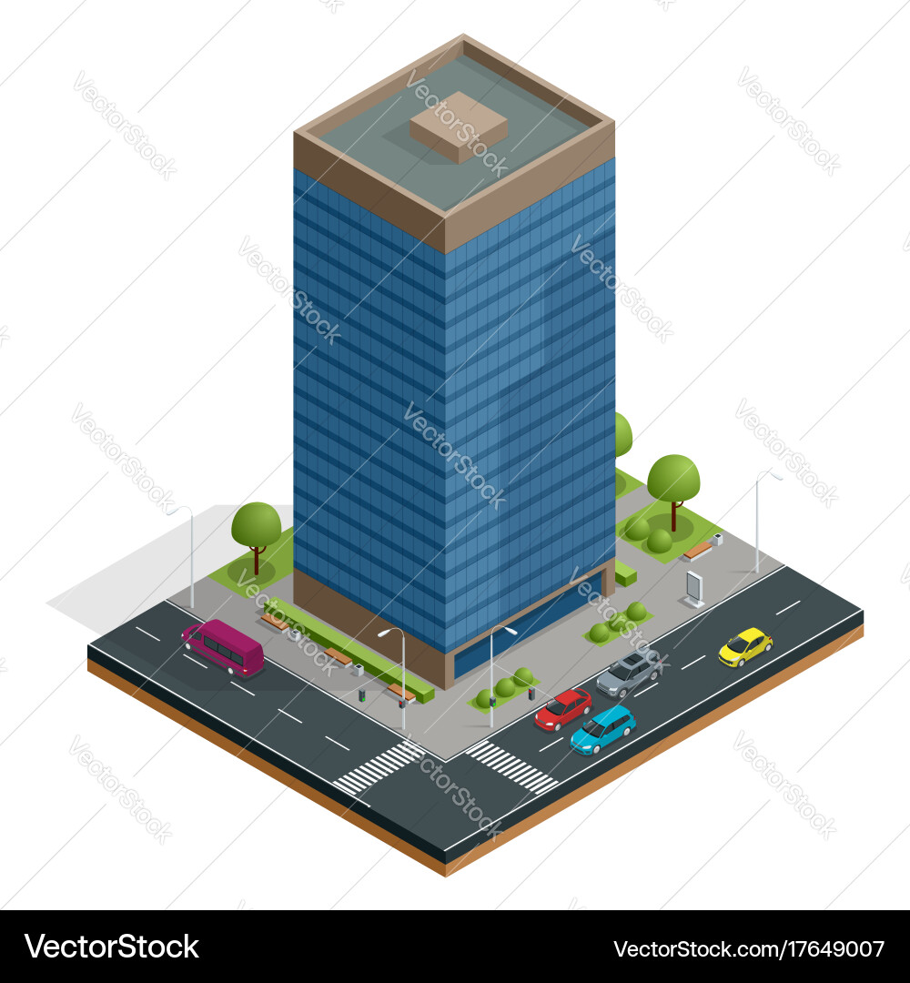 Isometric city houses composition with building Vector Image