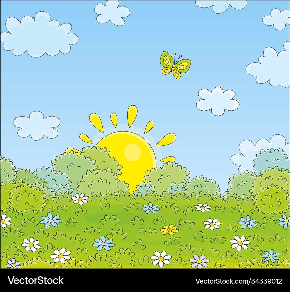 Bright sun rising over a green field Royalty Free Vector