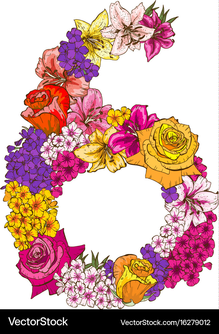 Six digit made of different flowers Royalty Free Vector