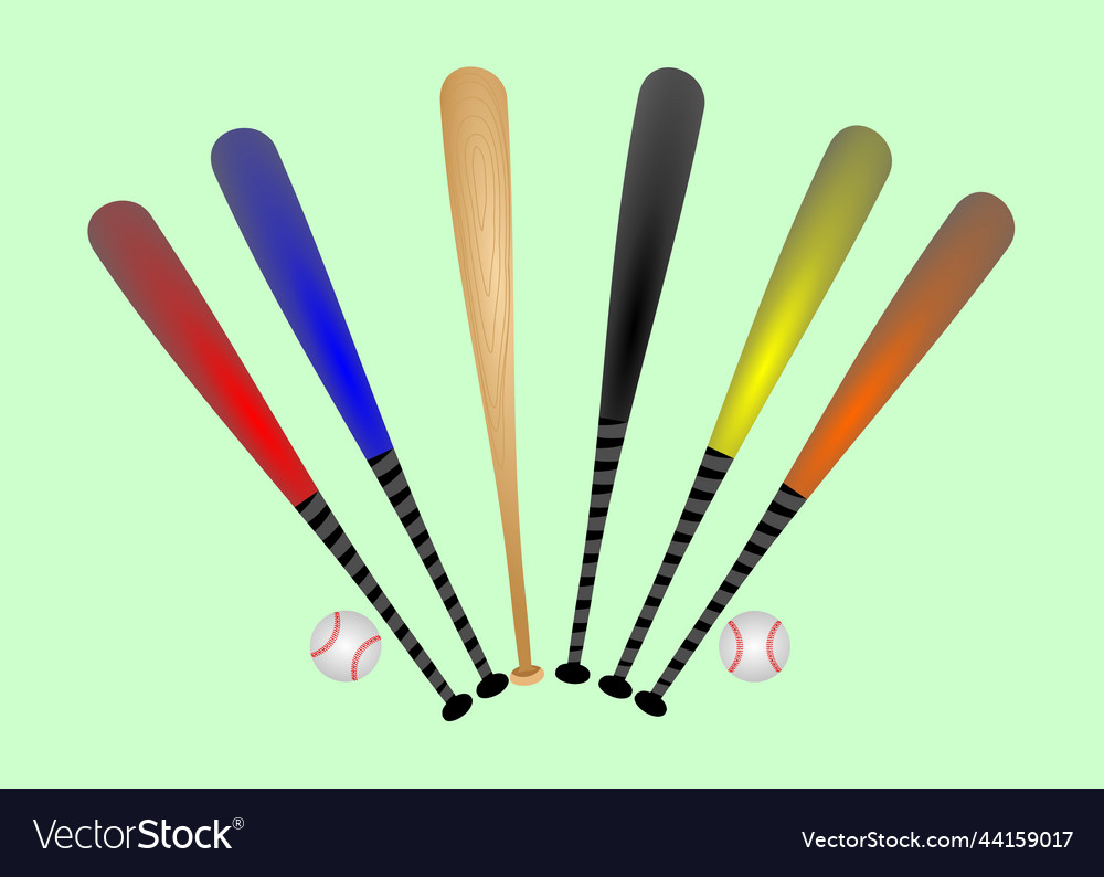 Set of baseball and bats with six different colors