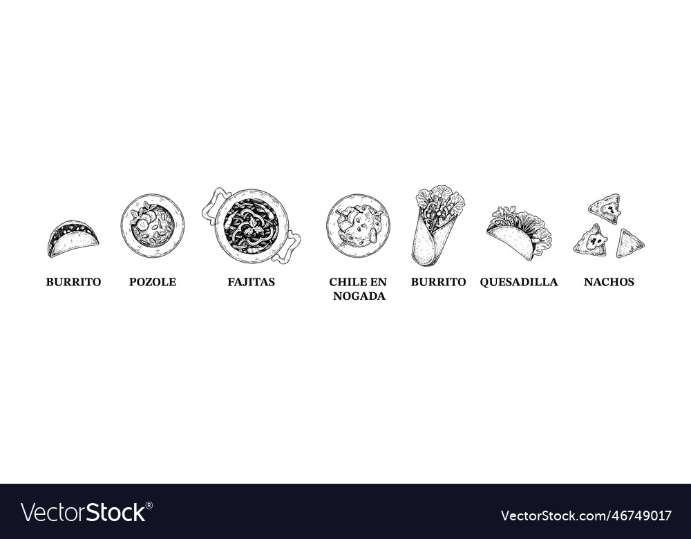 Set Of Mexican Cuisine Dishes With Names Hand Vector Image set-of-mexican-cuisine-dishes-with-names-hand-vector-image