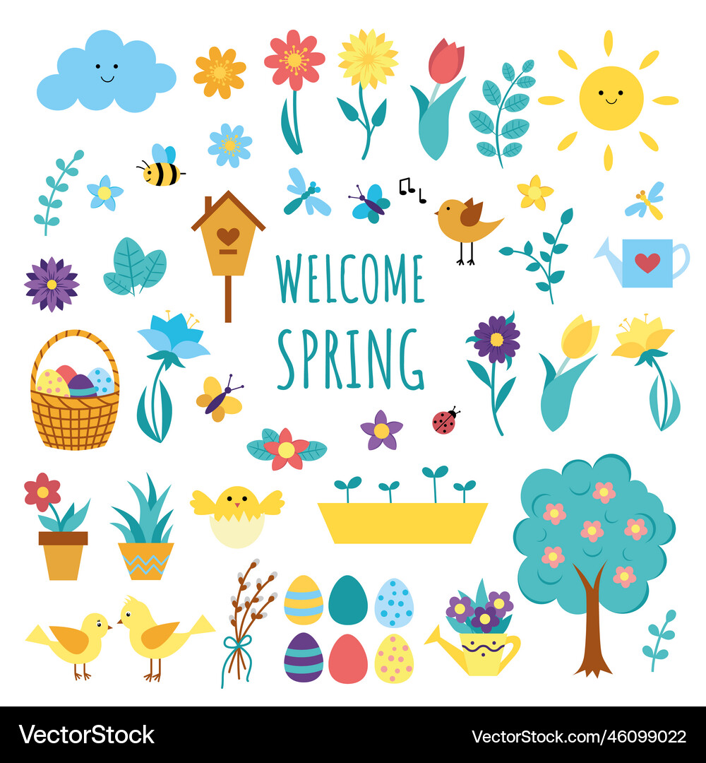 Big set of spring elements with flowers birds Vector Image