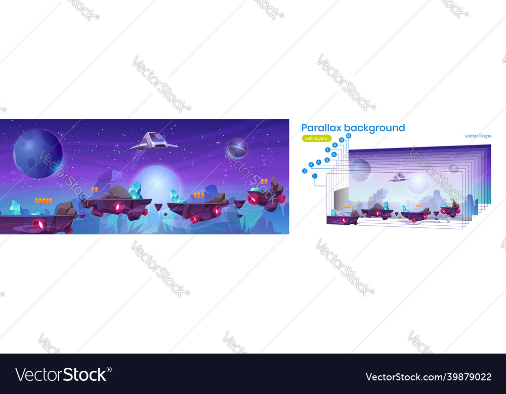 Mobile space game arcade with spaceship parallax Vector Image