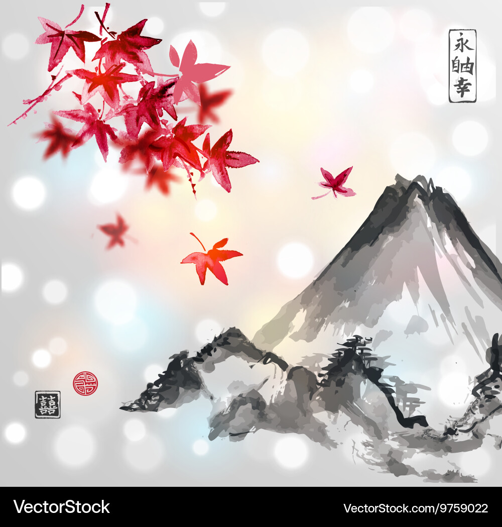 Red japanese maple tree and fujiyama mountain Vector Image