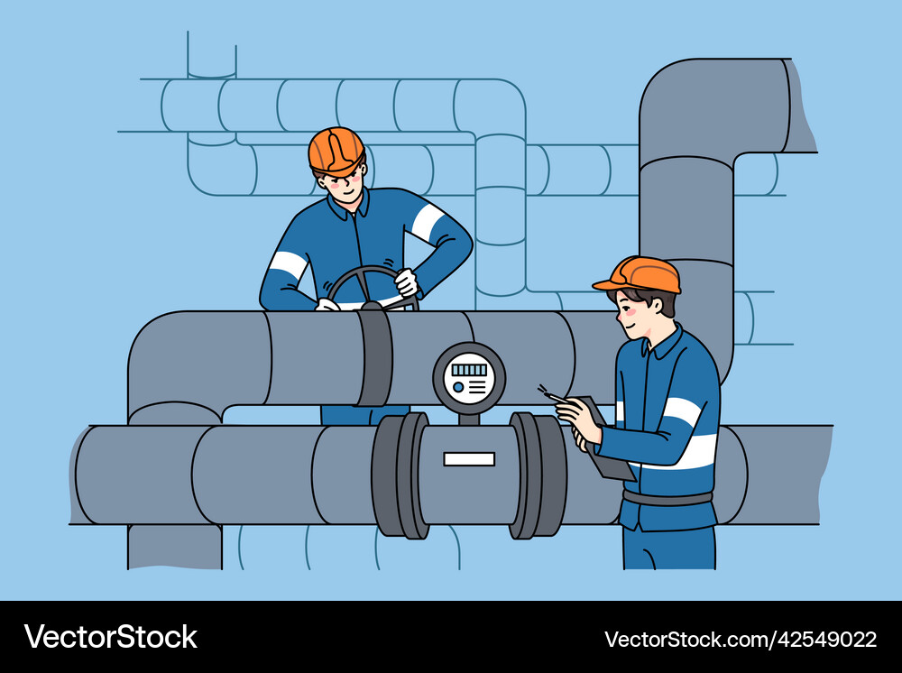 Workers in uniform inspect pipes and tubes Vector Image