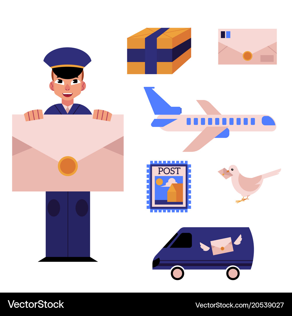 Cartoon postman mailman character set Royalty Free Vector
