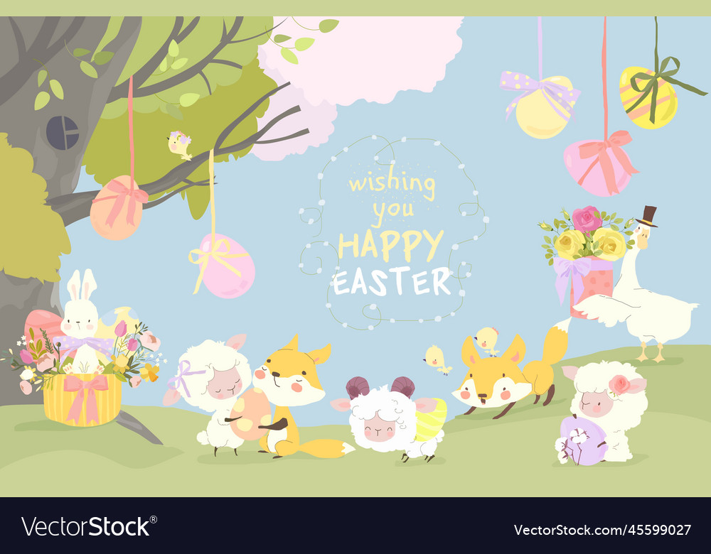 Cute cartoon animals celebrating easter in spring Vector Image