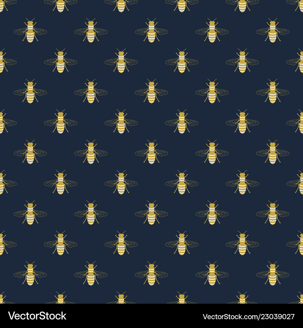 Golden flying honey bee icon pattern on dark blue Vector Image