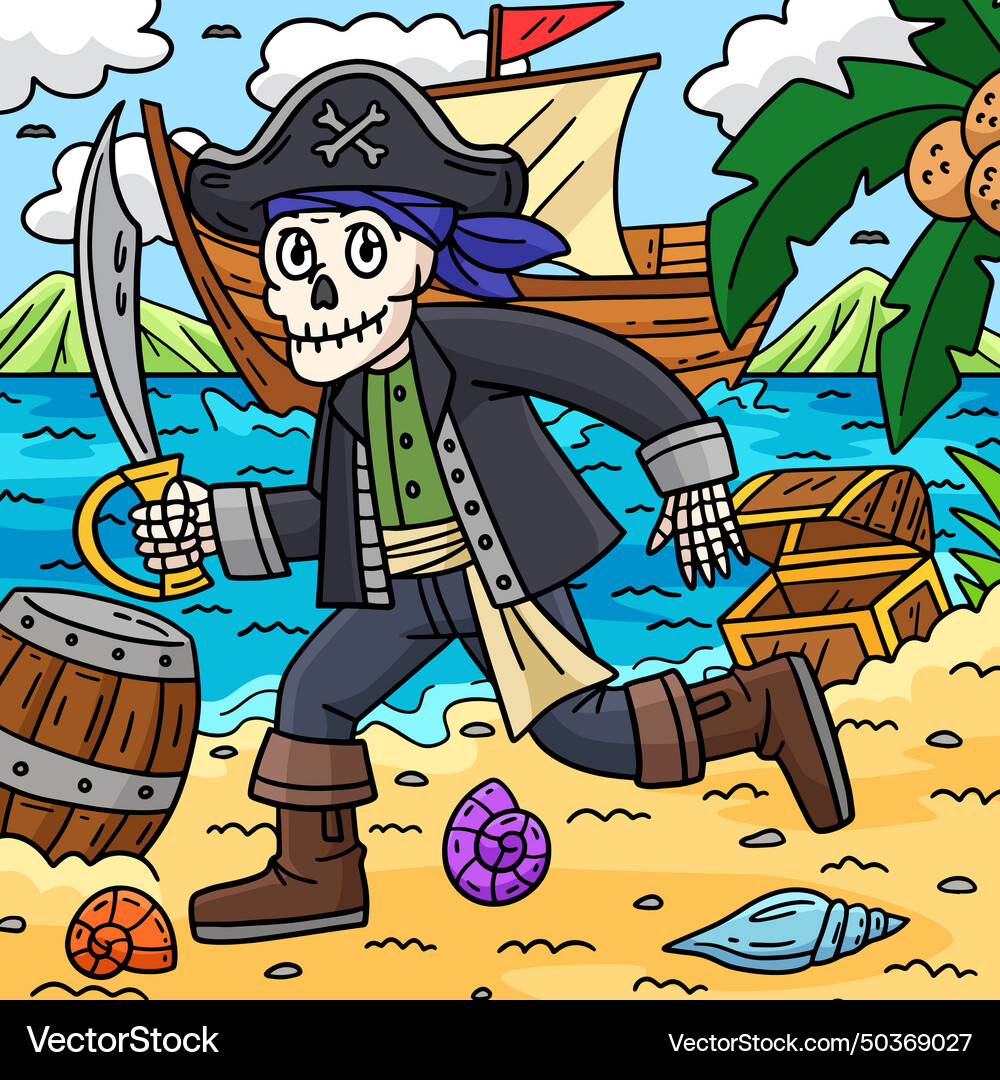 Skeleton pirate with a cutlass colored cartoon Vector Image