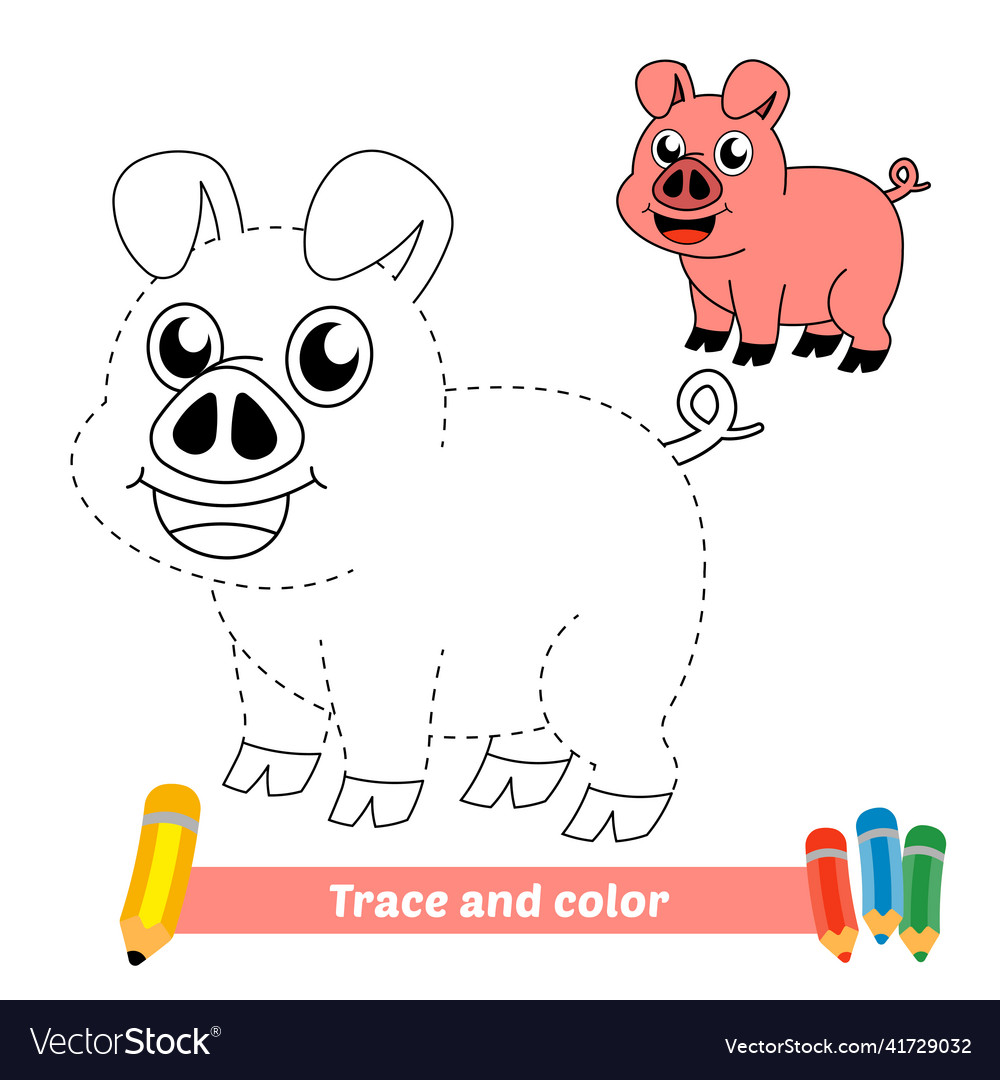 Trace and color for kids pig Royalty Free Vector Image