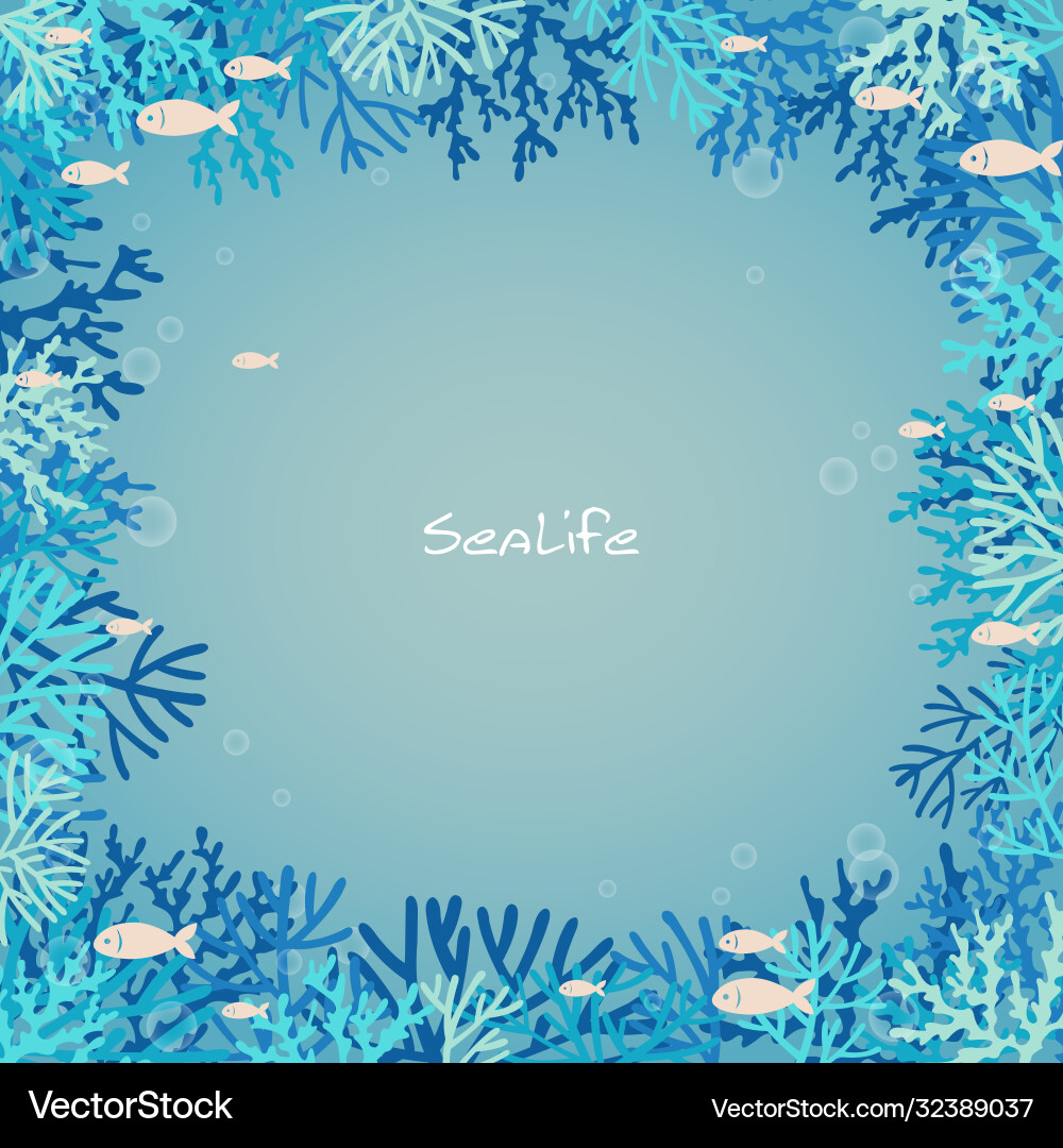 Blue coral reef and fish under sea frame Vector Image