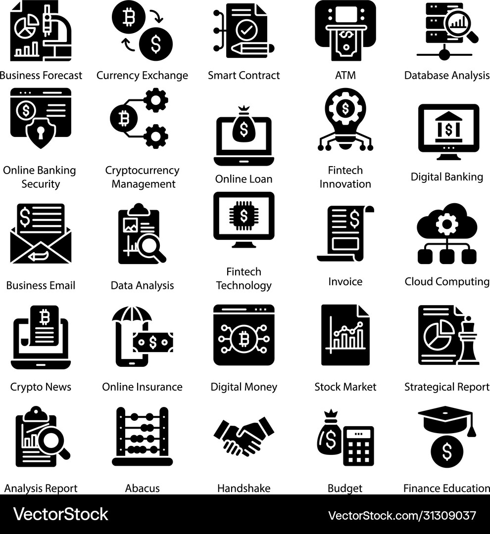 Fin tech startups solid icons set Royalty Free Vector Image