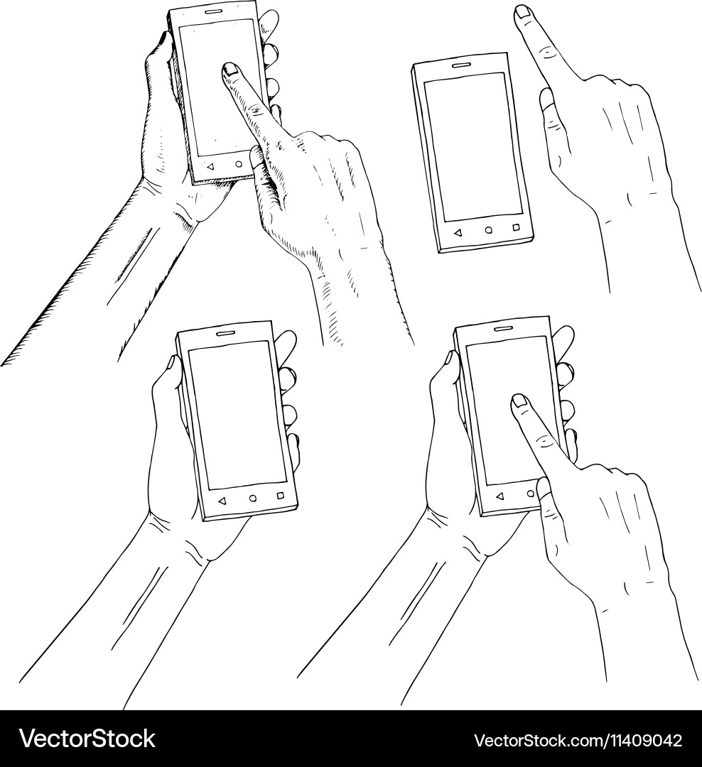 Drawn hand holding phone finger on phone pressing Vector Image