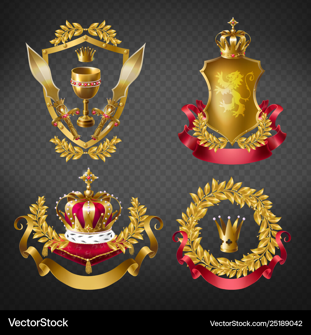 Heraldic royal emblems with golden monarch crowns Vector Image