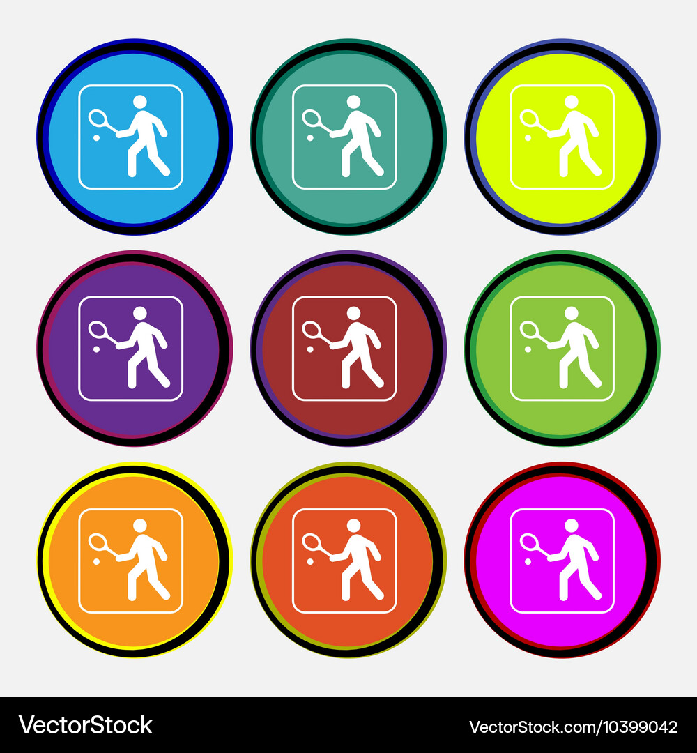 Tennis player icon sign nine multi colored round Vector Image