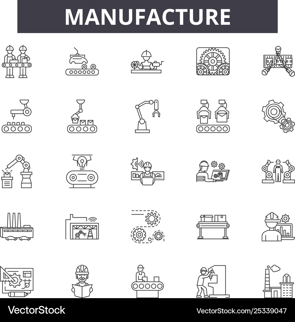 Manufacture line icons signs set linear Royalty Free Vector