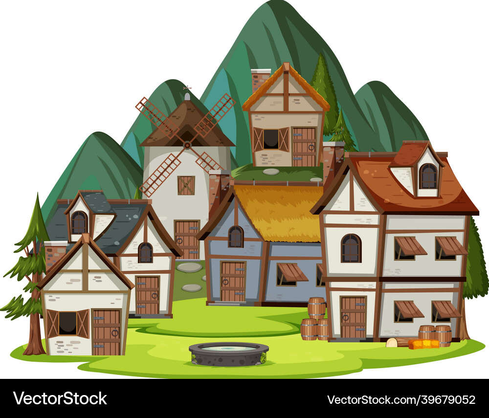 Medieval village scene on white background Vector Image