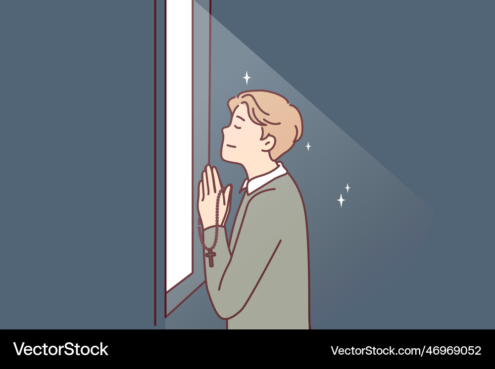 Religious man prays standing at window and holds Vector Image