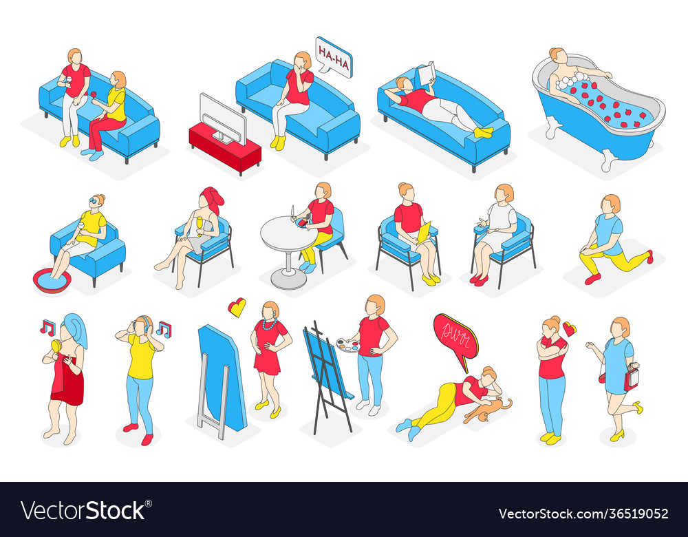 Self care concept isometric recolor icon set Vector Image Self care concept isometric recolor icon set Vector Image
