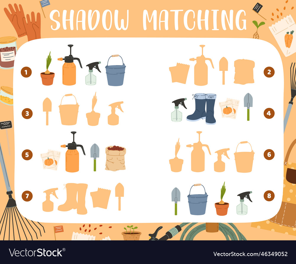 Shadow matching game of farm and gardening tools Vector Image