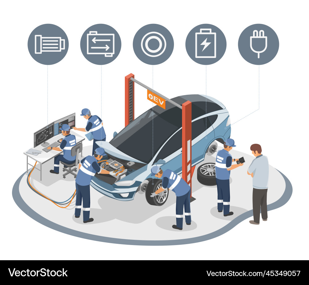 Ev electric car service center with customer Vector Image