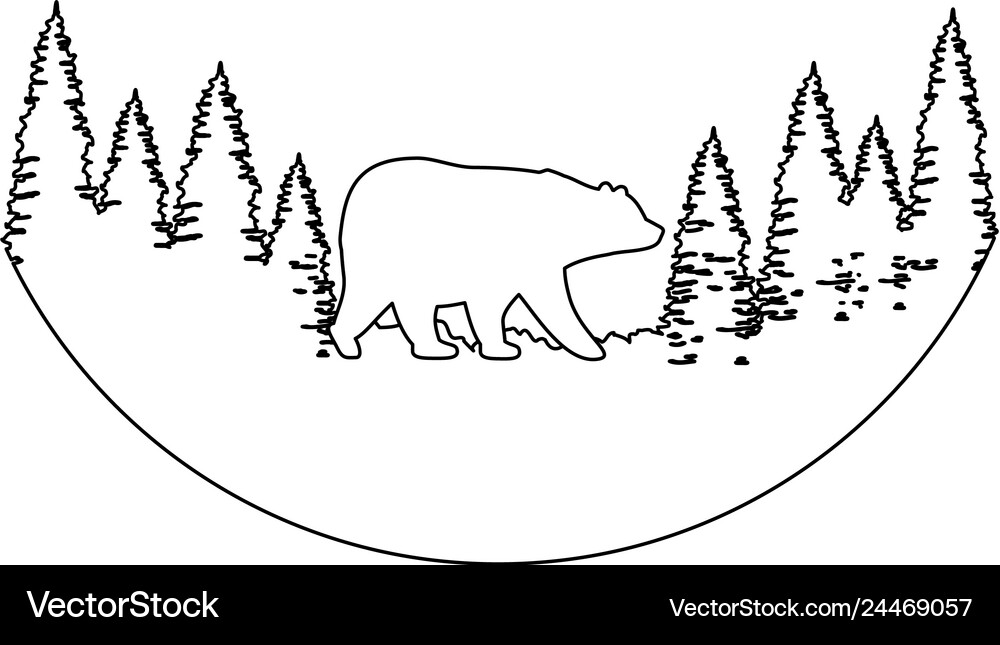 Pines trees forest scene with bear grizzly Vector Image