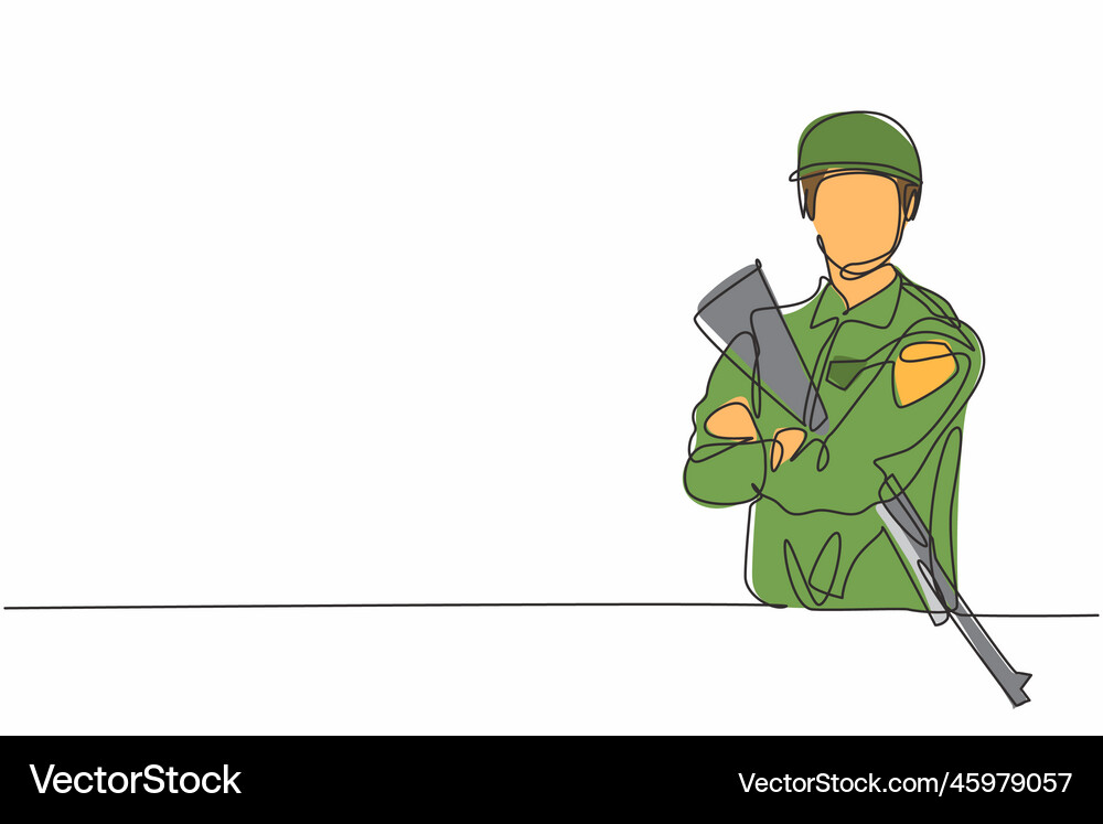 Single continuous line drawing of young soldier Vector Image