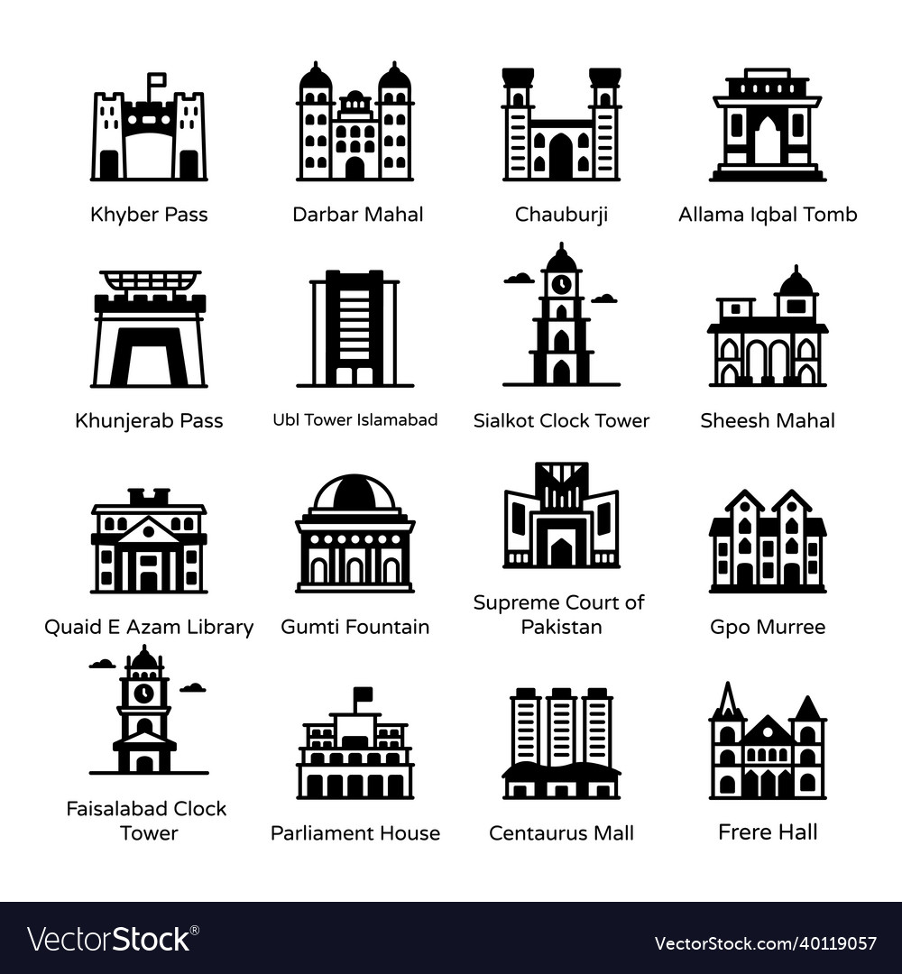 Solid icons of famous architecture pack Royalty Free Vector