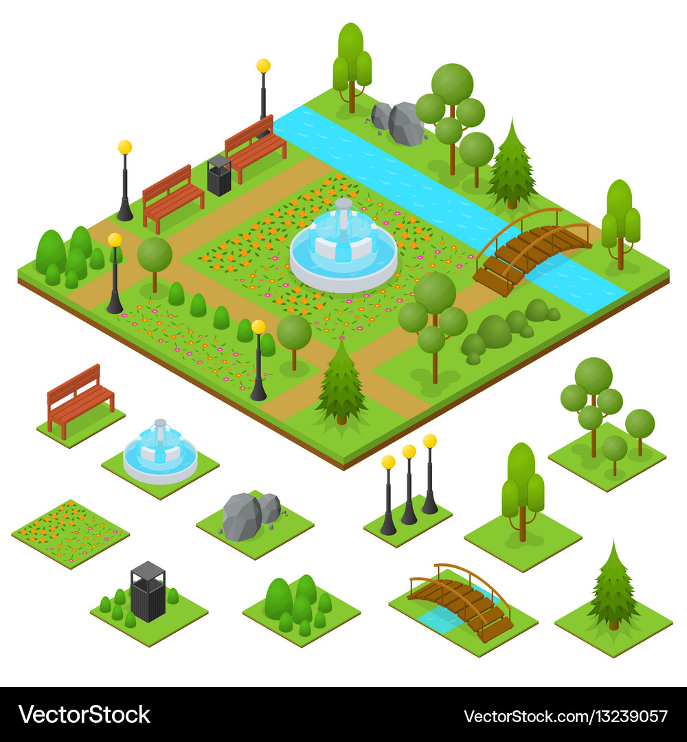 Urban park and part set isometric view Royalty Free Vector