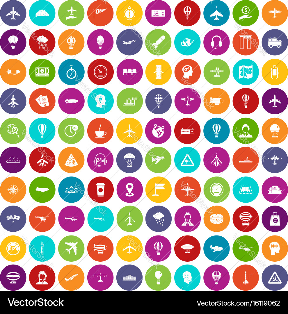 100 aviation icons set color Royalty Free Vector Image