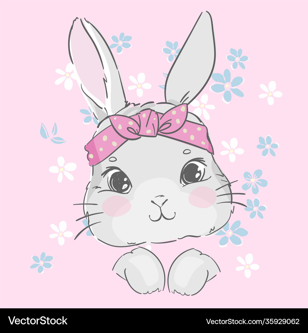 Hand drawn cute bunny with bow and flowers rabbit Vector Image