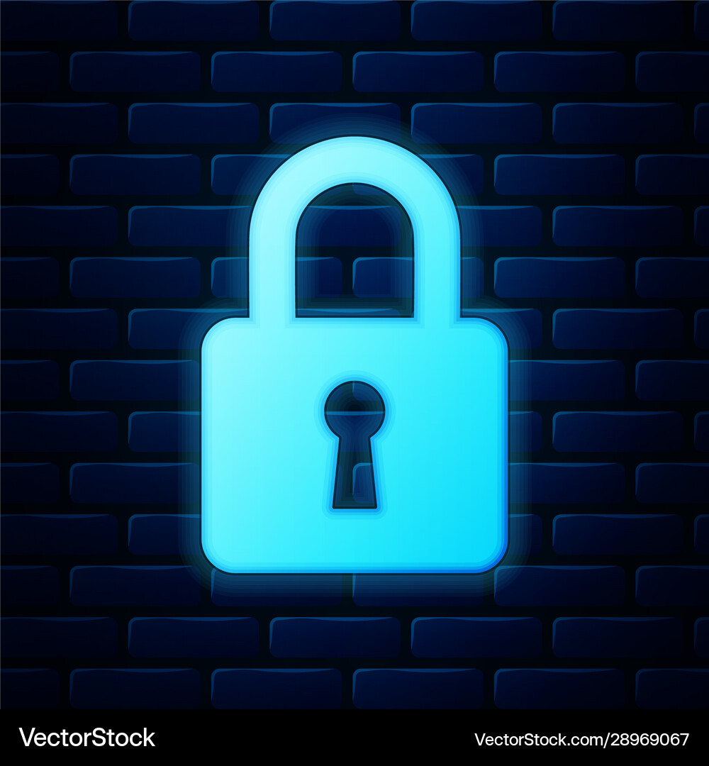 Glowing neon lock icon isolated on brick wall Vector Image