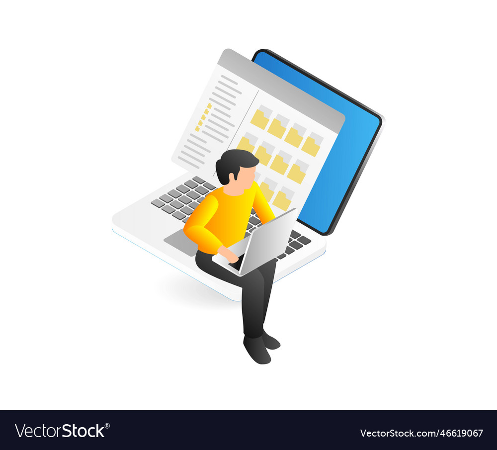 Isometric man with laptop and document Royalty Free Vector
