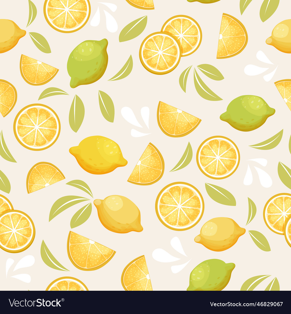 Lemon tropical citrus seamless pattern with leaves