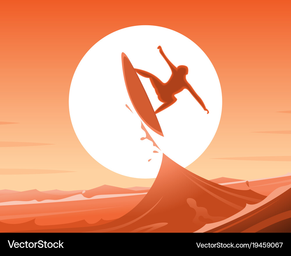 Surfing on sea waves and sunset scene Royalty Free Vector