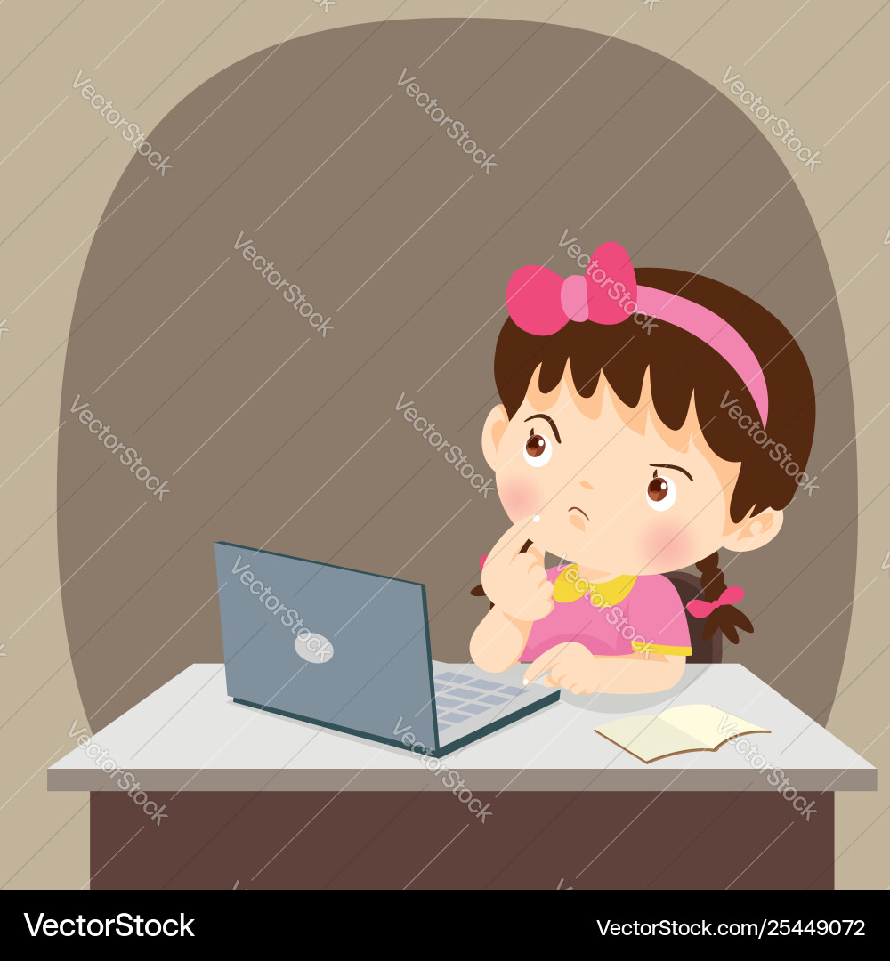 Thinking child students girl thinking with laptop Vector Image