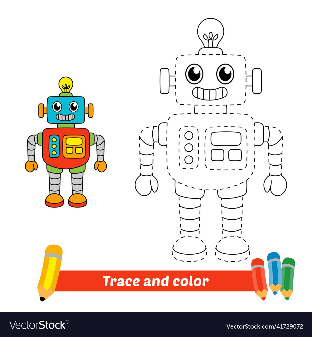 Trace and color for kids robot Royalty Free Vector Image