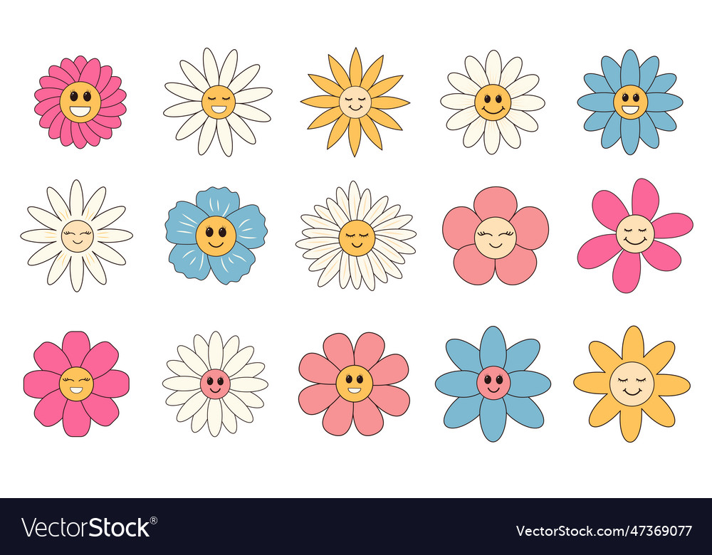 Groovy cartoon flowers set cute retro hippie Vector Image