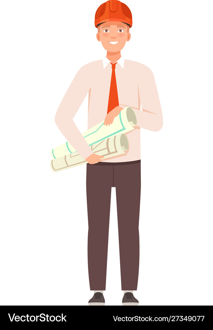 Male engineer with rolls drawings in his hands Vector Image
