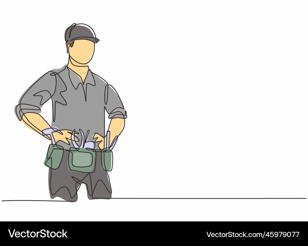 Single continuous line drawing of young handyman Vector Image