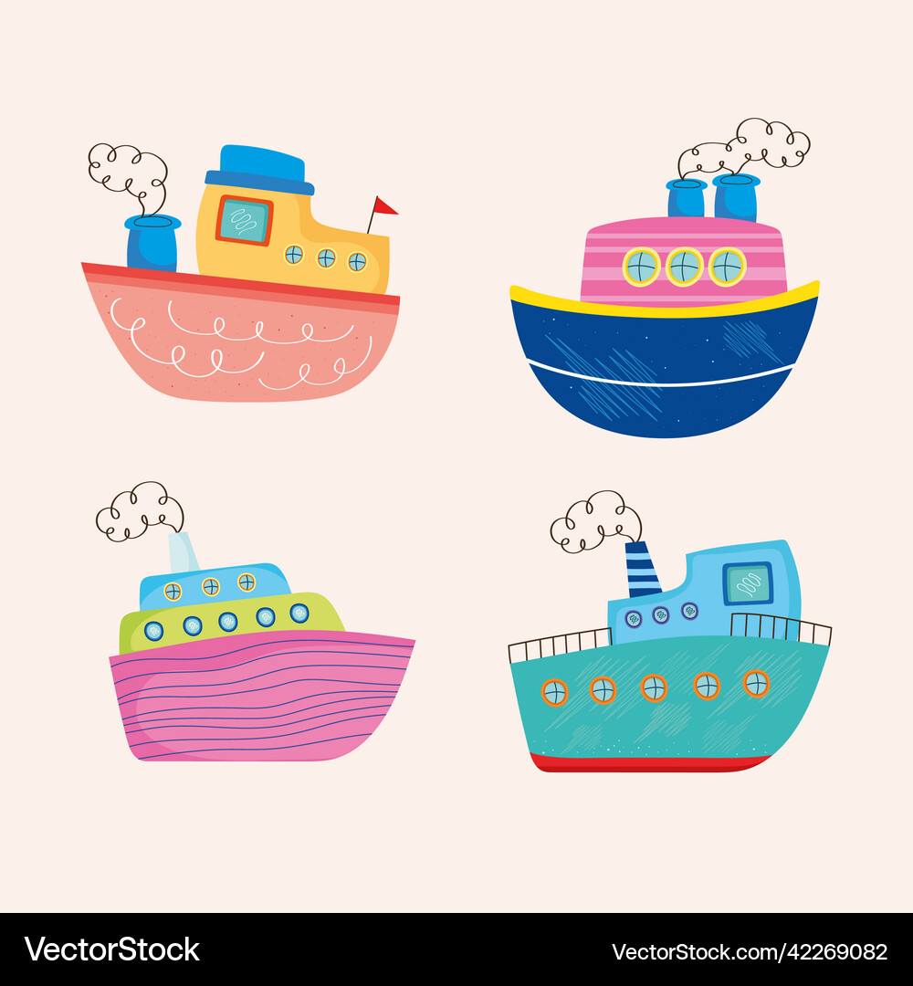 Cute boats four icons Royalty Free Vector Image