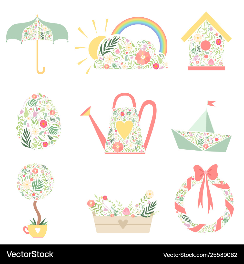 Cute spring symbols decorated with floral seamless