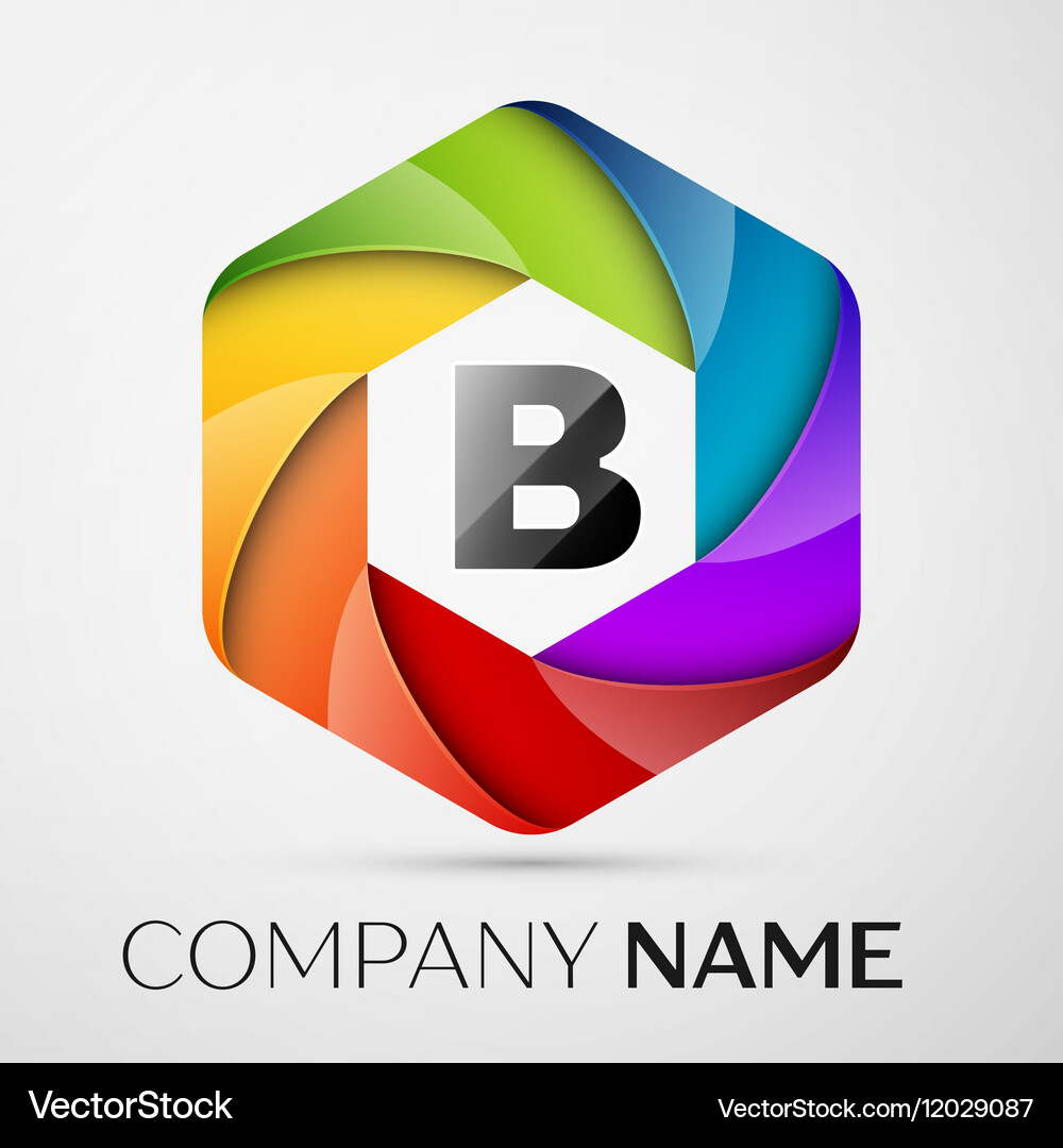 B letter colorful logo in the hexagonal on grey Vector Image