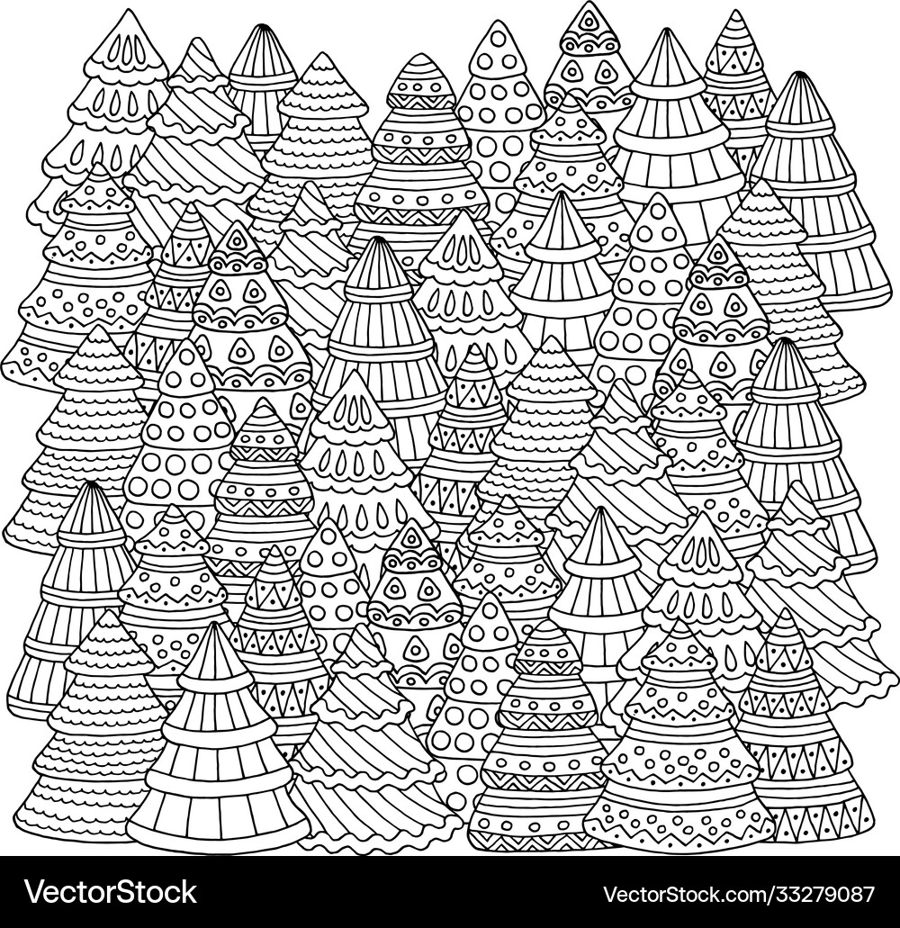 Many hand-drawn christmas trees coloring page Vector Image