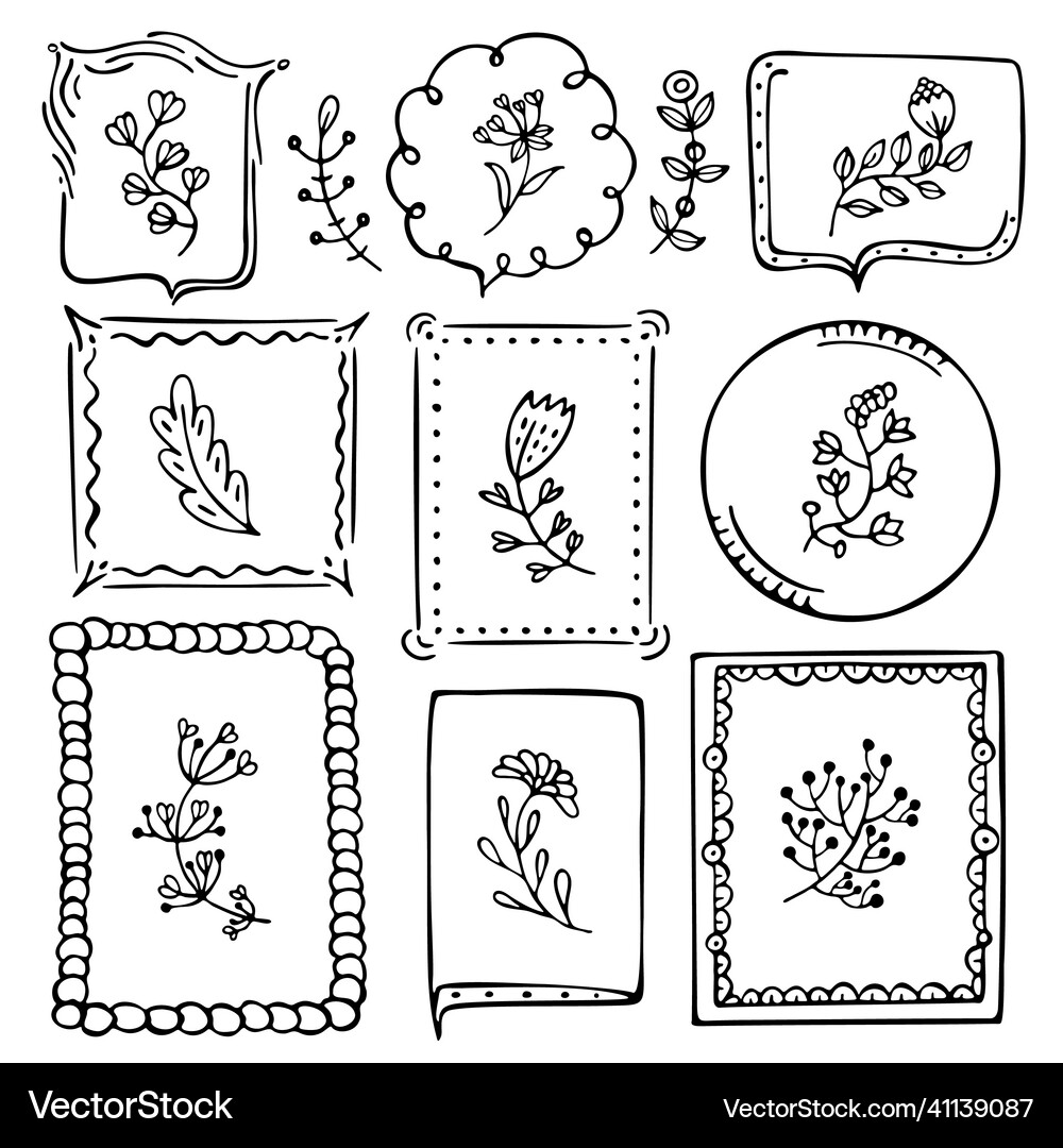 Set of black doodle frames and branches Royalty Free Vector