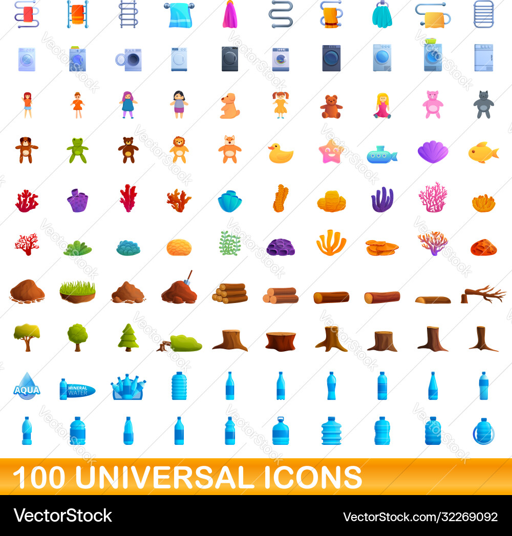 100 universal icons set cartoon style Royalty Free Vector