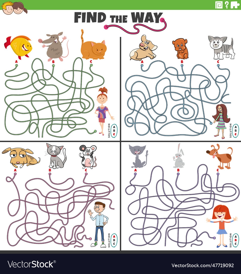 Find the way maze games set with cartoon children Vector Image