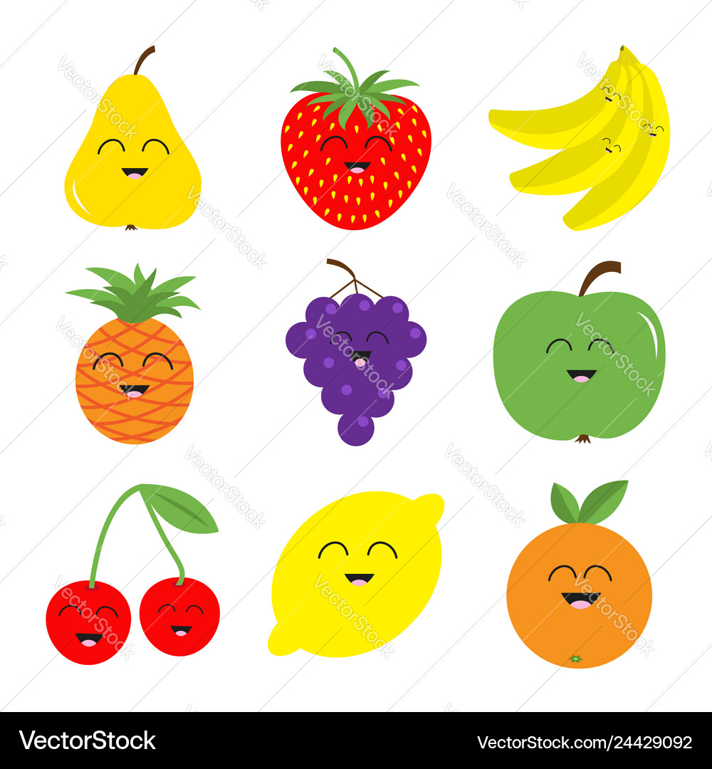 Fruit Berry Icon Set - Smiling Fruits Royalty Free Vector